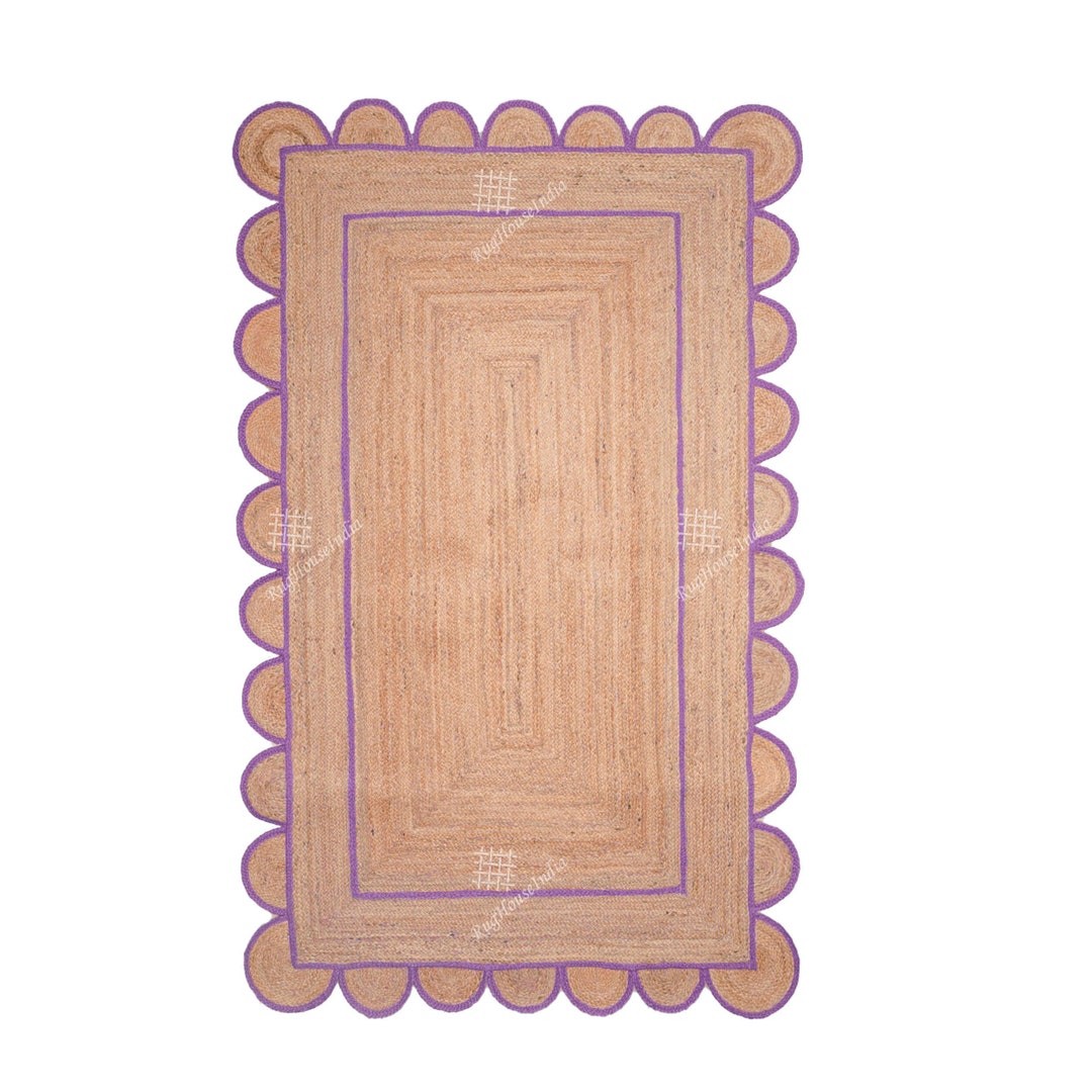 Hand Braided Natural Jute Rug Runner Purple Scalloped Bordered Rug ...