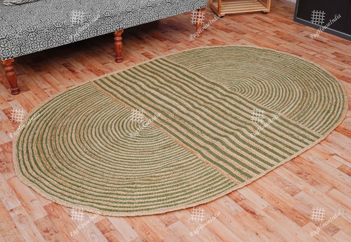 8x10 Ft. Hand Braided Beige With Dark Green Oval Jute Rug Striped ...