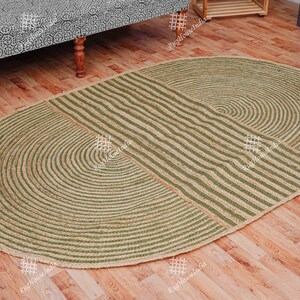 8x10 Ft. Hand Braided Beige With Dark Green Oval Jute Rug Striped ...