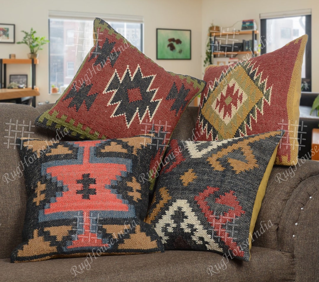 4 Set of 45x45cm Designer Wool Jute Kilim Pillowcases, Handmade Cushion ...