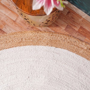 5x5 Ft Indian Hand Braided Round Jute Rug White With Beige Border Rug ...