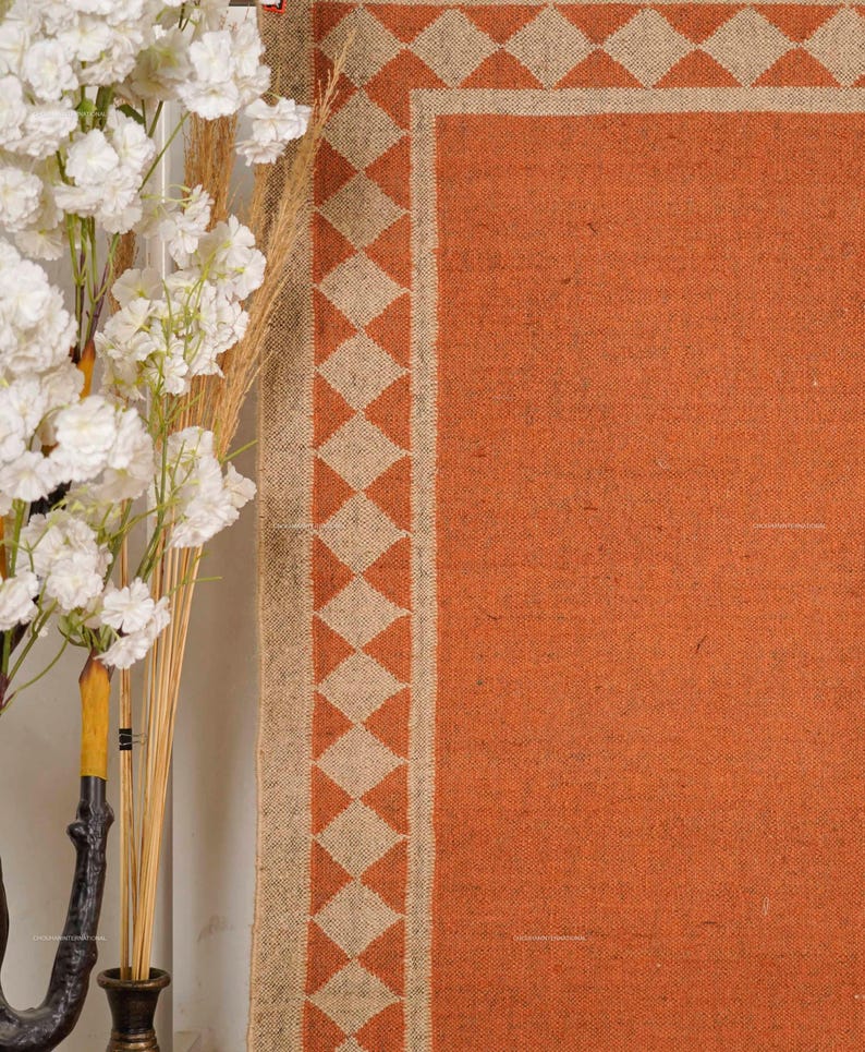 Kitchen Mat Kilim Rug : Handmade Green Geometric Pattern Wool Jute ...