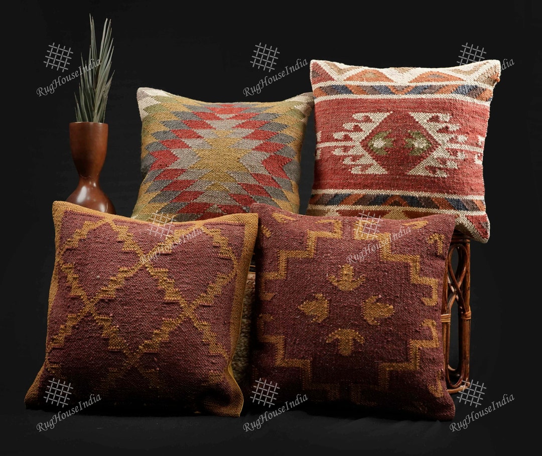 Handmade Wool Jute Pillow Cover Indian Handwoven 4 Set of 45x45 Cm Jute ...