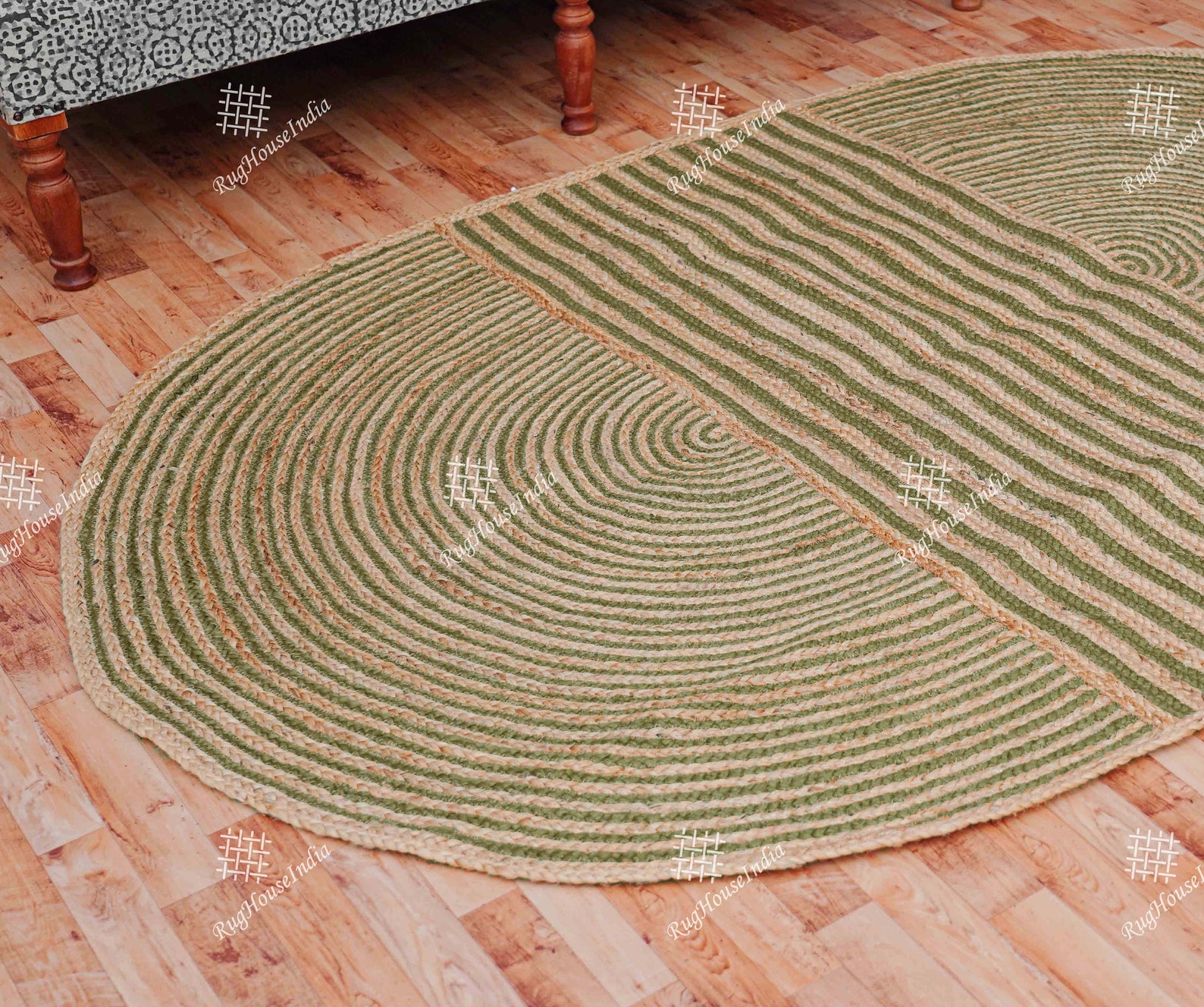 8x10 Ft. Hand Braided Beige With Dark Green Oval Jute Rug Striped ...