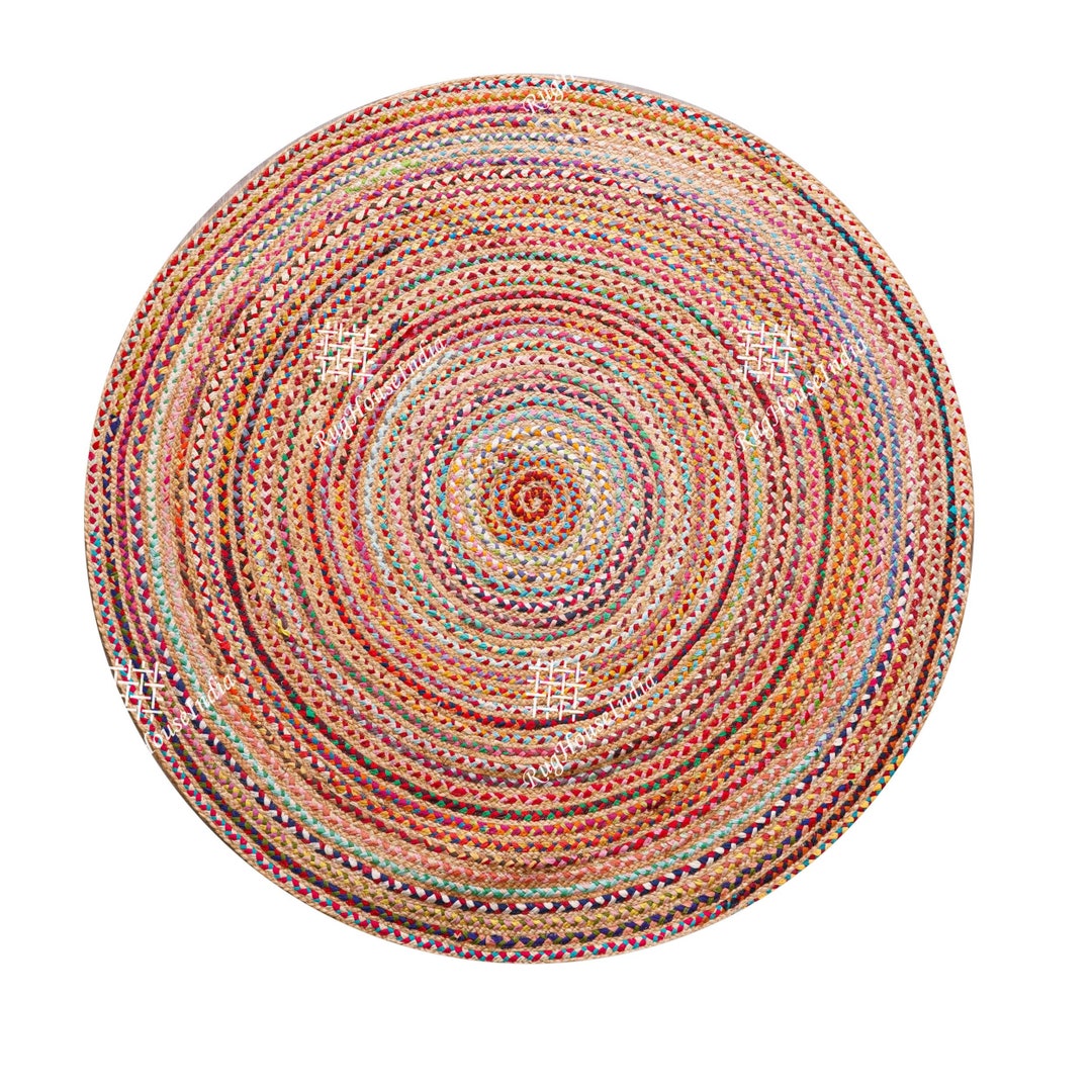8x8, 12x12 Indian Beige & Cotton Round Jute Rug, Circle Area Cotton ...