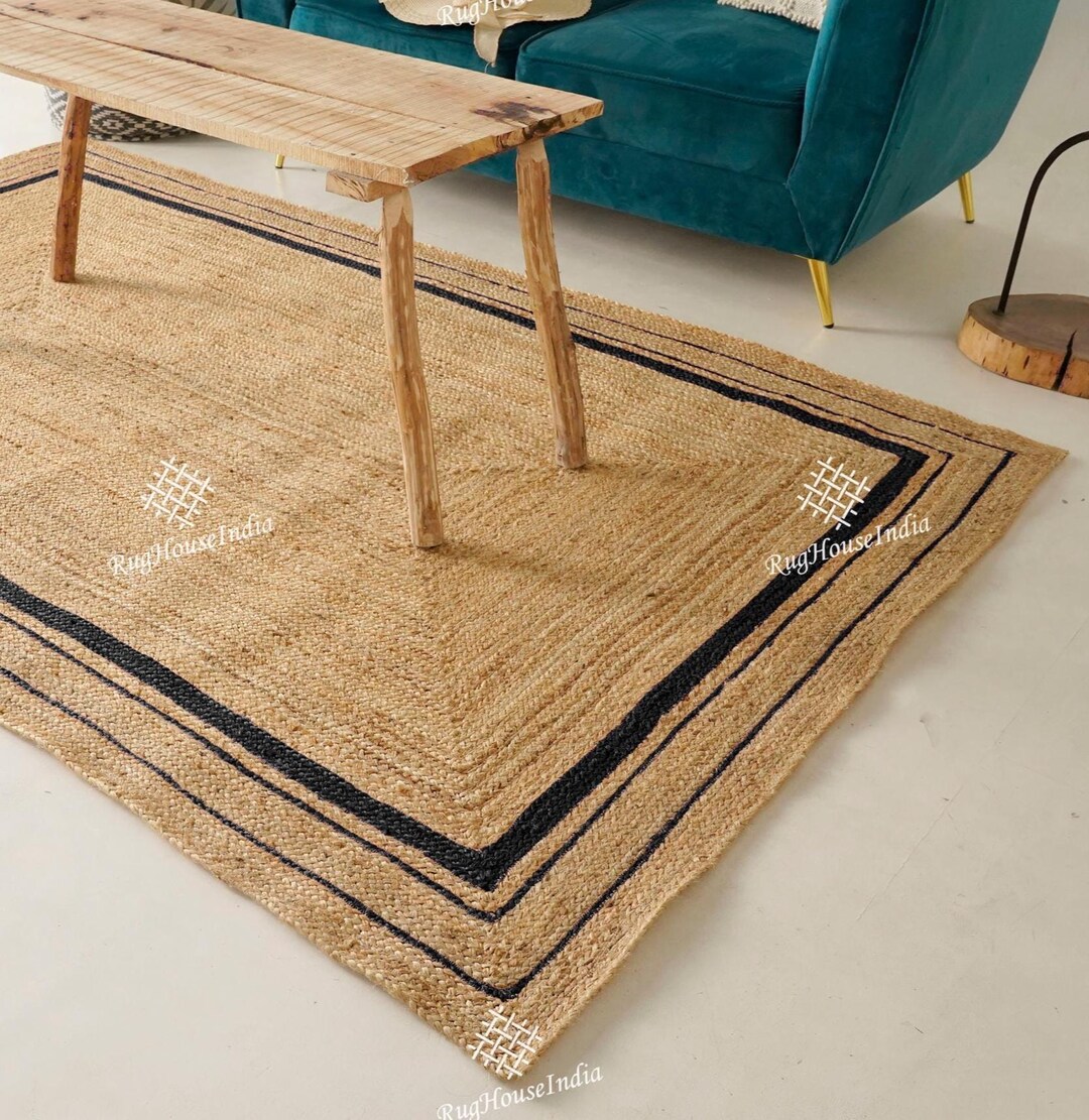 Natural Handbraided Farmhouse Jute Rugs : Triple Line Border Carpet for ...