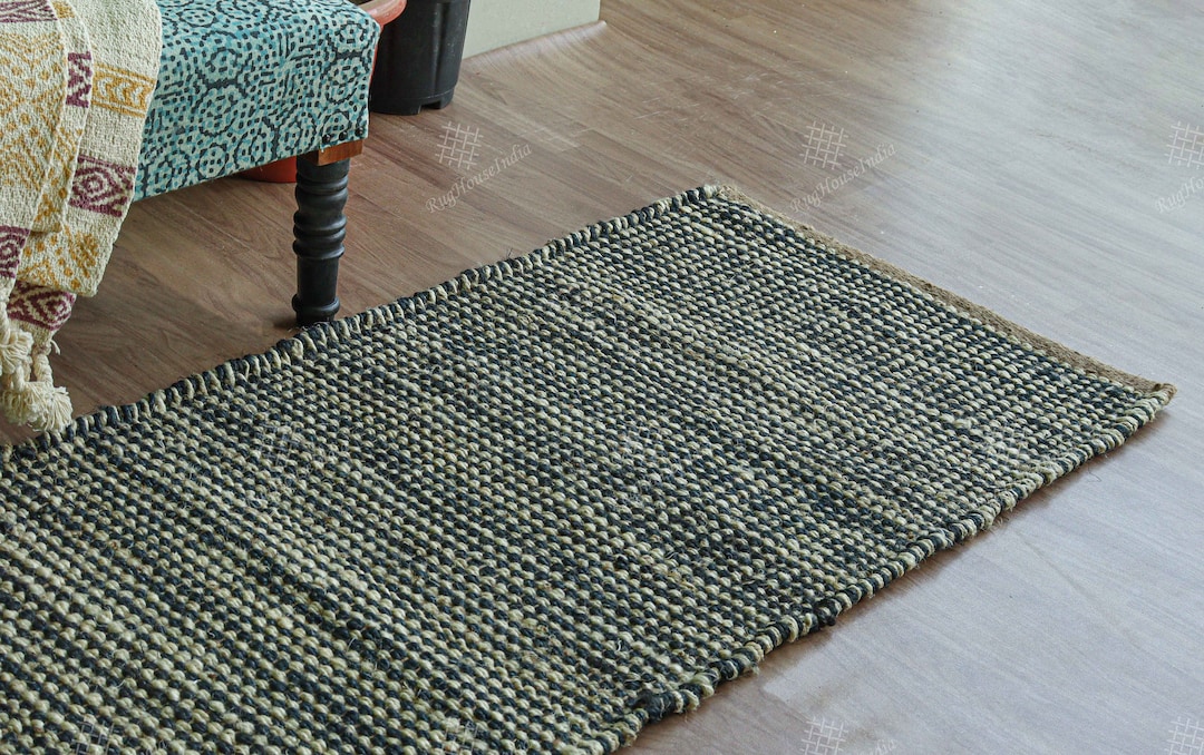 Hand Loomed Jute Hemp Runner Rug With Blue and White Stripes Large Area ...