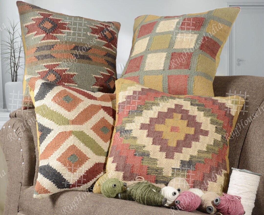 4 Set Wool Jute Cushion Cover Jute Ethnic Pillow Hand Woven Shams - Etsy