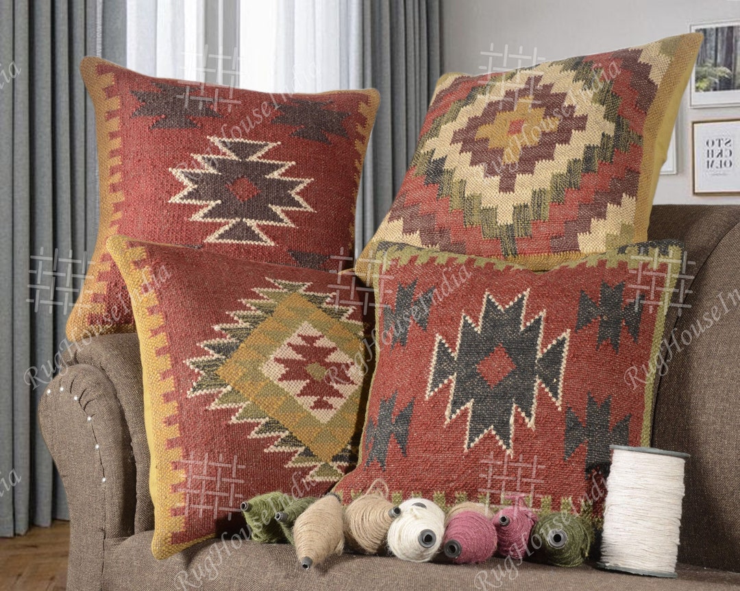 4 Set of 45x45cm Wool Jute Vintage Kilim Pillow Covers Home Decor ...