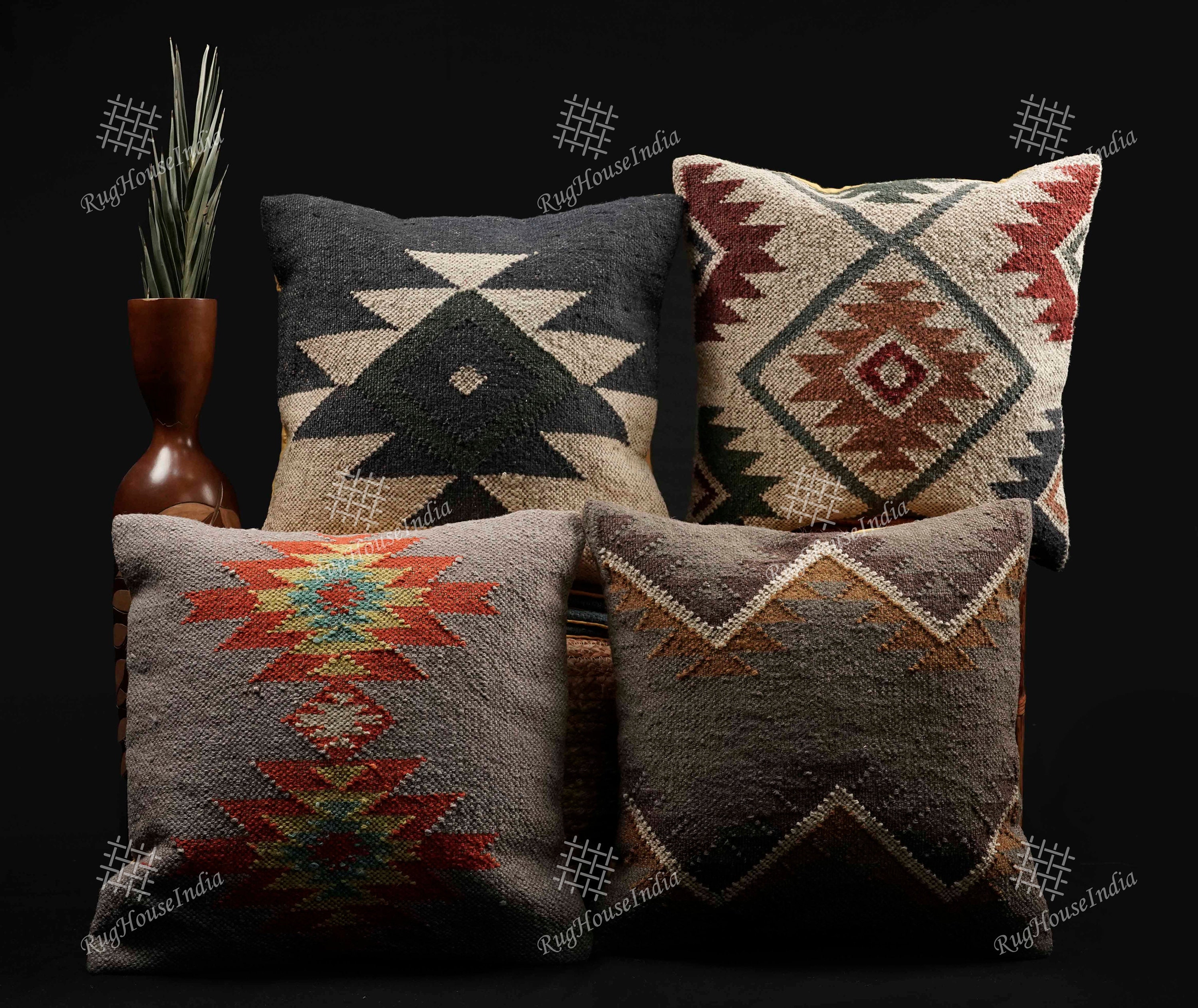 4 Set of 18"x18"handwoven Wool Jute Cushion Cover Boho Room Decorative ...