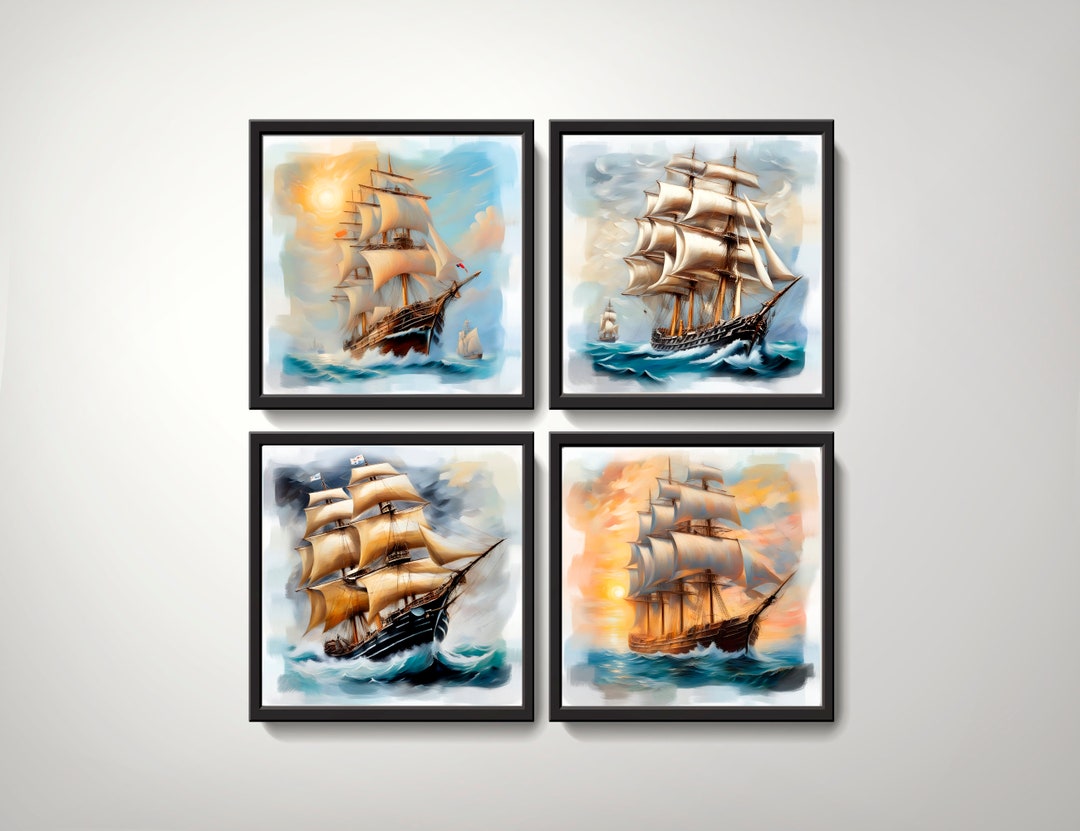 Sailing Ship Art Prints: Set of 4 Colorful Illustrations (digital ...