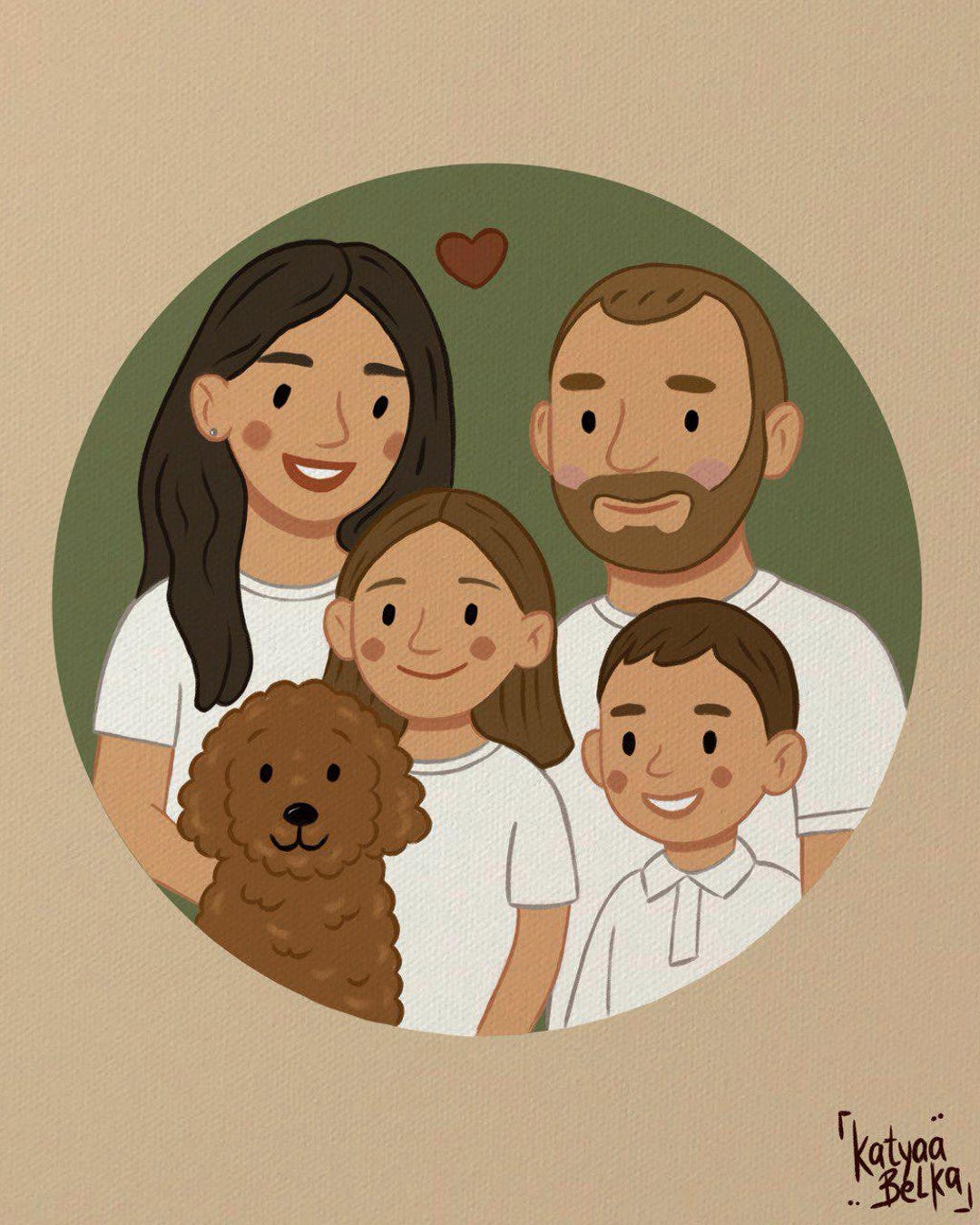 Custom Cartoon Family Portrait With Two Children and Pet — Personalized ...