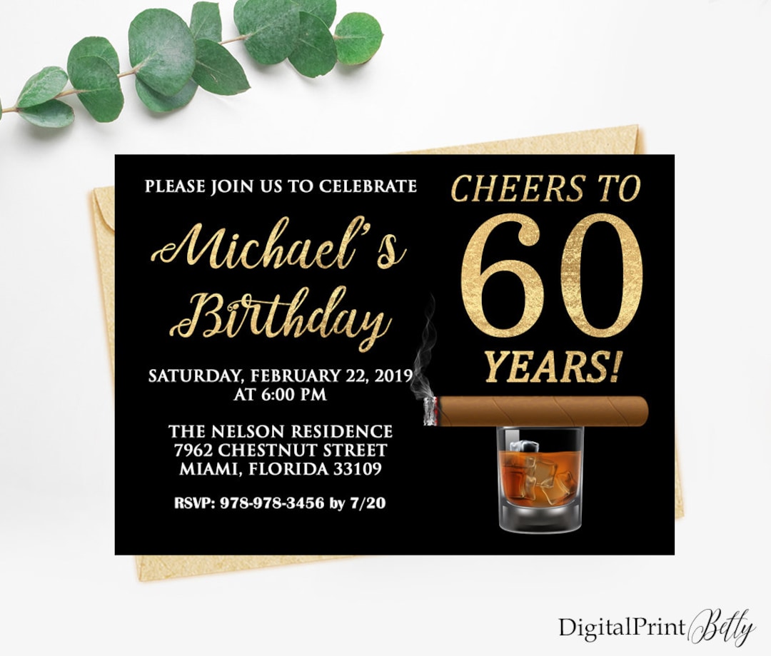 60th Birthday Invitations, Men Birthday Party, Whiskey and Cigar Invite ...