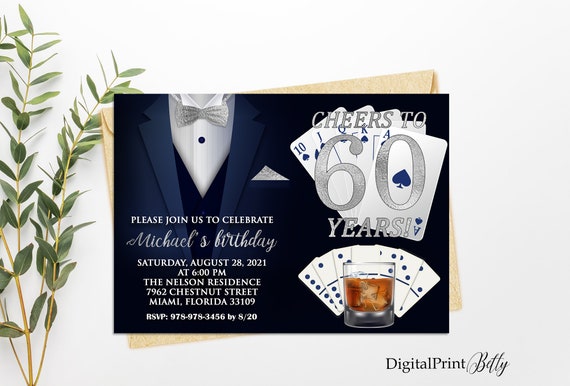 60th Birthday Invitation Whiskey Domino and Royal Flush | Etsy