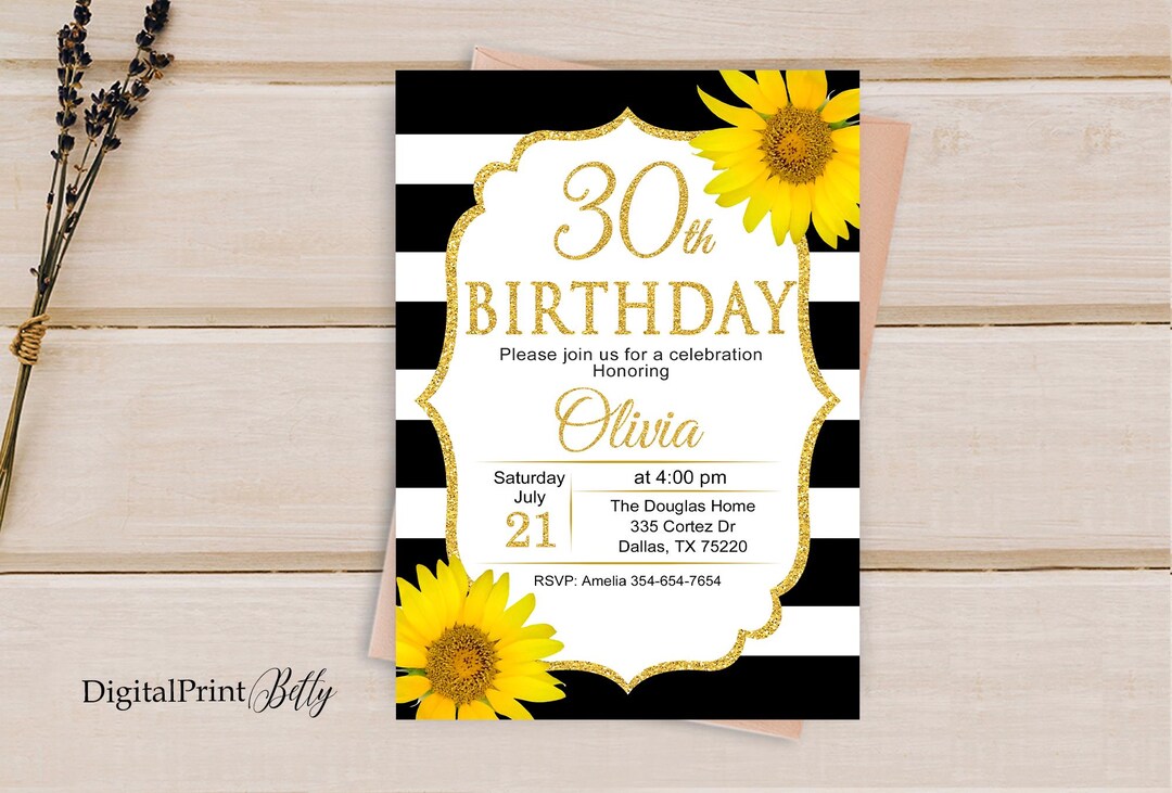 30th Birthday Invitation, Floral Women Birthday Invitation, Sunflower ...