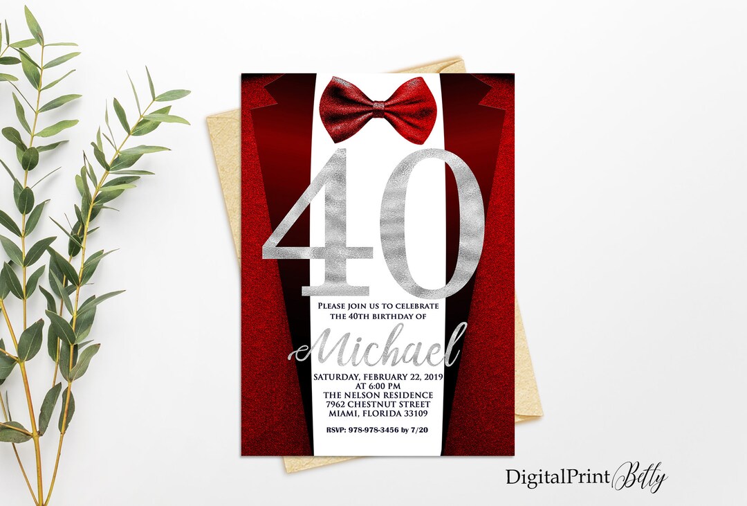 40th Birthday Invitations, Men Birthday Party, Silver and Red Invite ...