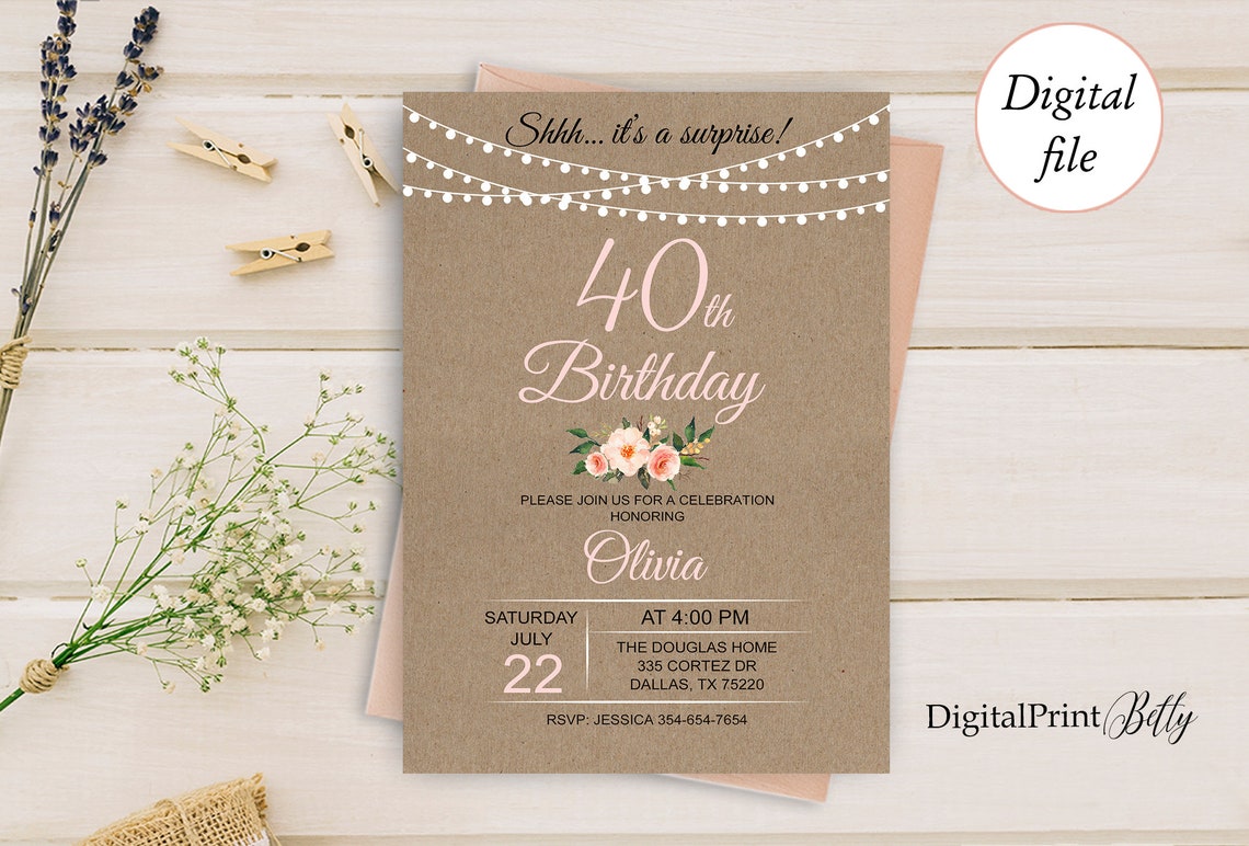Rustic Birthday Invitation, Flower Invitation, 40th Birthday Invitation ...
