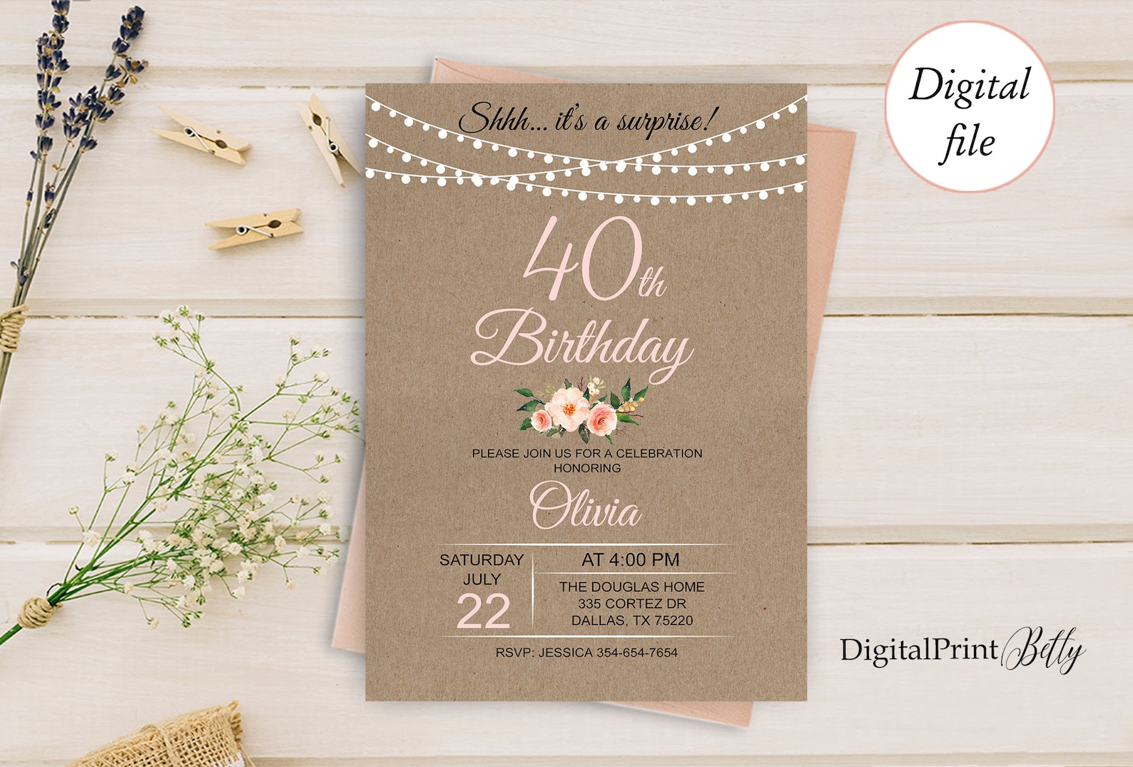 Rustic Birthday Invitation, Flower Invitation, 40th Birthday Invitation ...