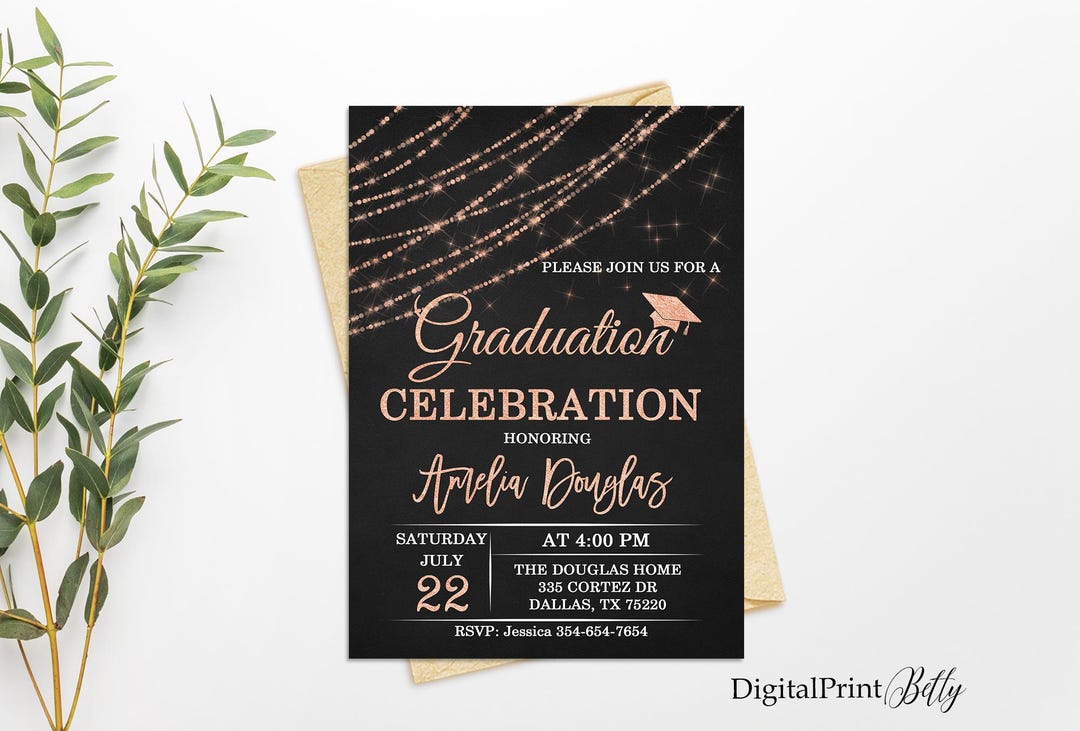 Graduation Invitation, Graduation Party Invite, Rose Gold Glitter ...