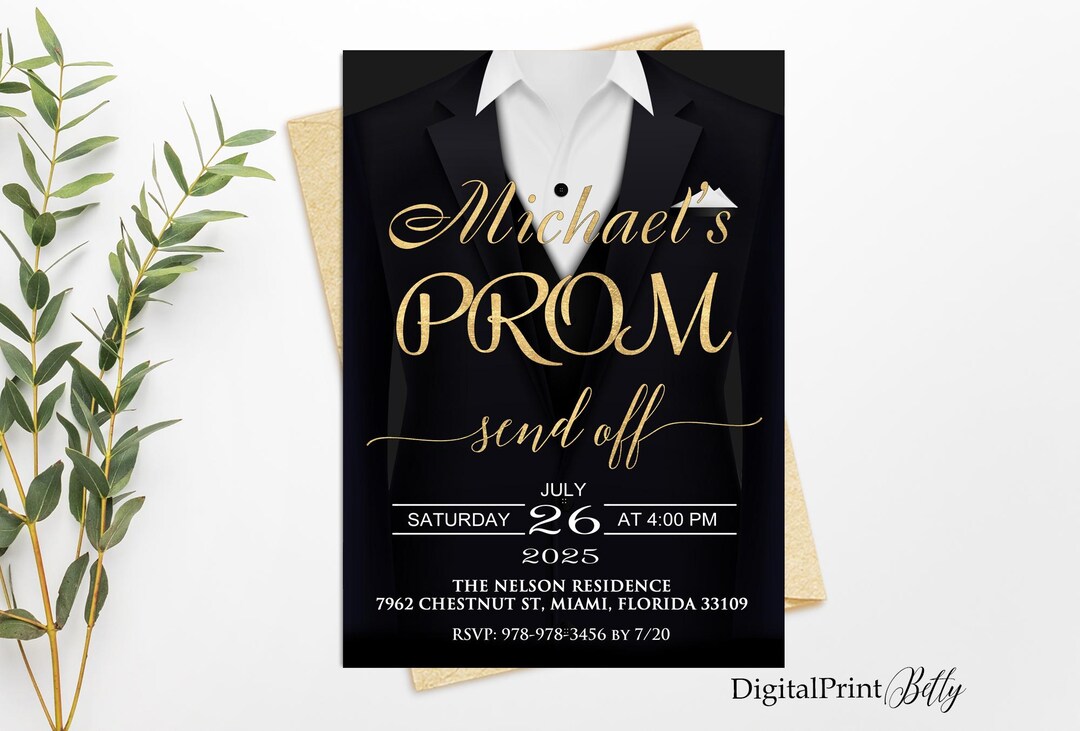 Prom Send off Invitations, Tuxedo Invitation, Prom E-invite Party, Gold ...