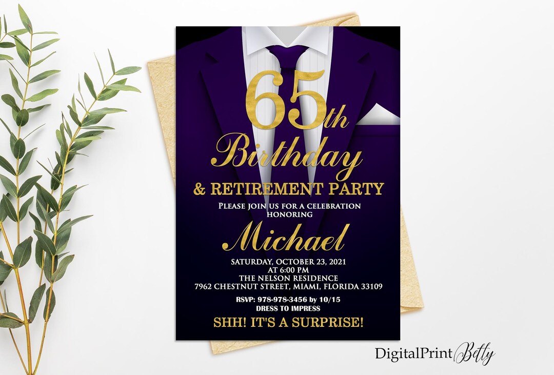 65th Birthday Invitations, Men Birthday Party, Gold and Purple Invite ...