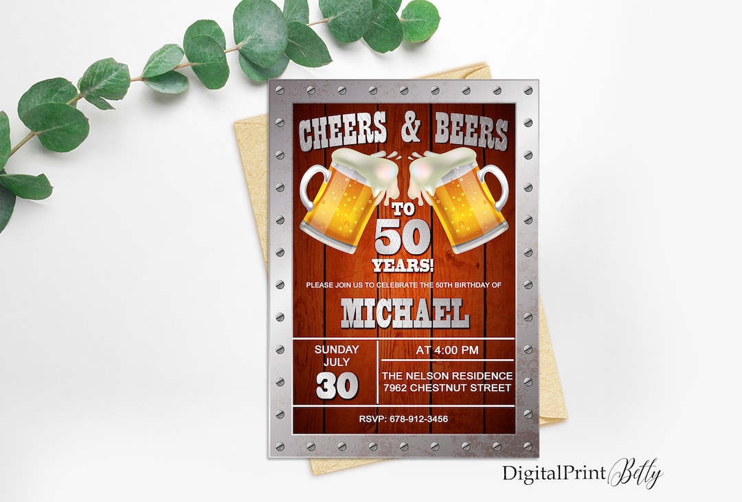 50th Birthday Beer Themed Invitations, Men Birthday Party, Beer Party ...