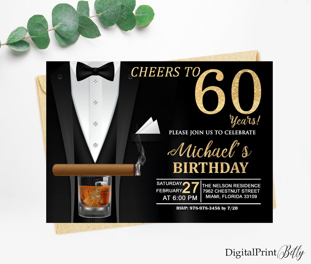 60th Birthday Invitations, Men Birthday Party, Whiskey and Cigar Invite ...