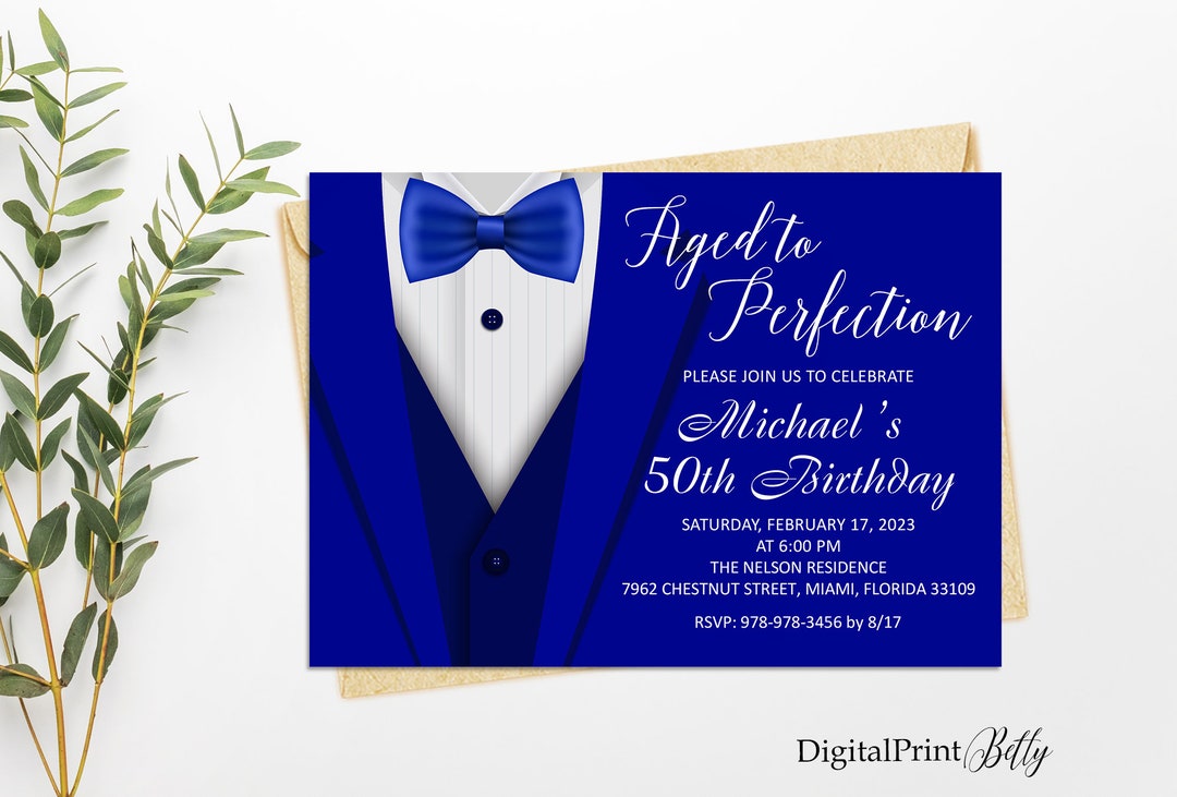 50th Birthday Invitations, Men Birthday Party, Tuxedo Invite, Aged to ...