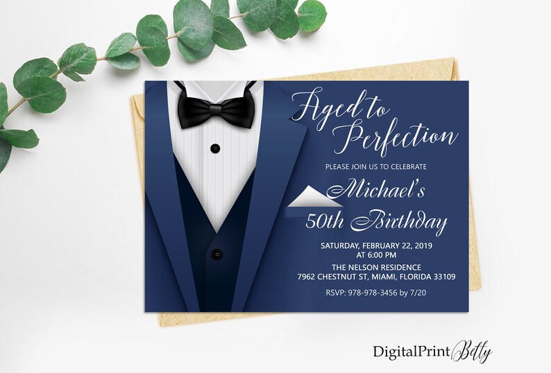 50th Birthday Invitations, Men Birthday Party, Tuxedo Invite, Aged to ...