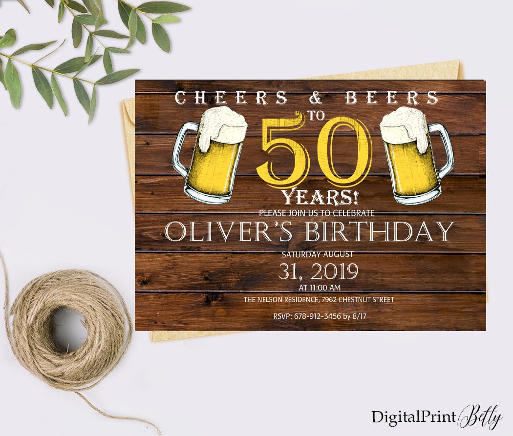 50th Birthday Beer Themed Invitations, Men Birthday Party, Beer Party ...