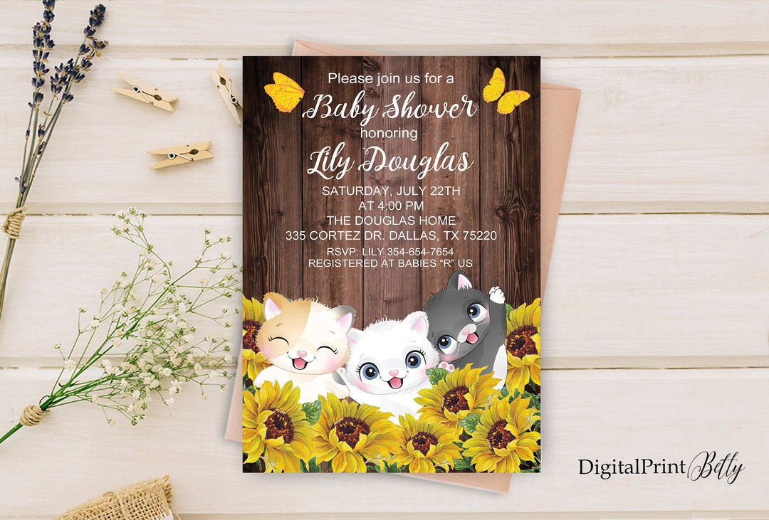 Cats Baby Shower Invitation, Printable Baby Shower, Sunflower Baby ...