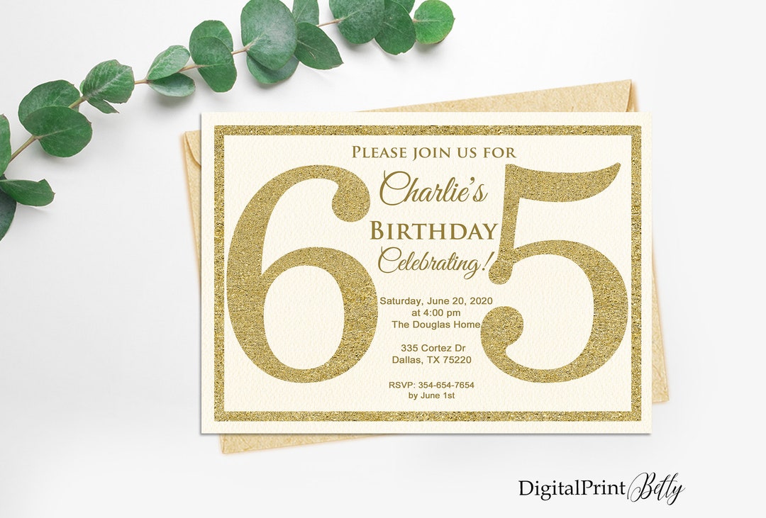 65th Birthday Invitation, Gold Invitation, Gold Glitter Birthday Invite ...
