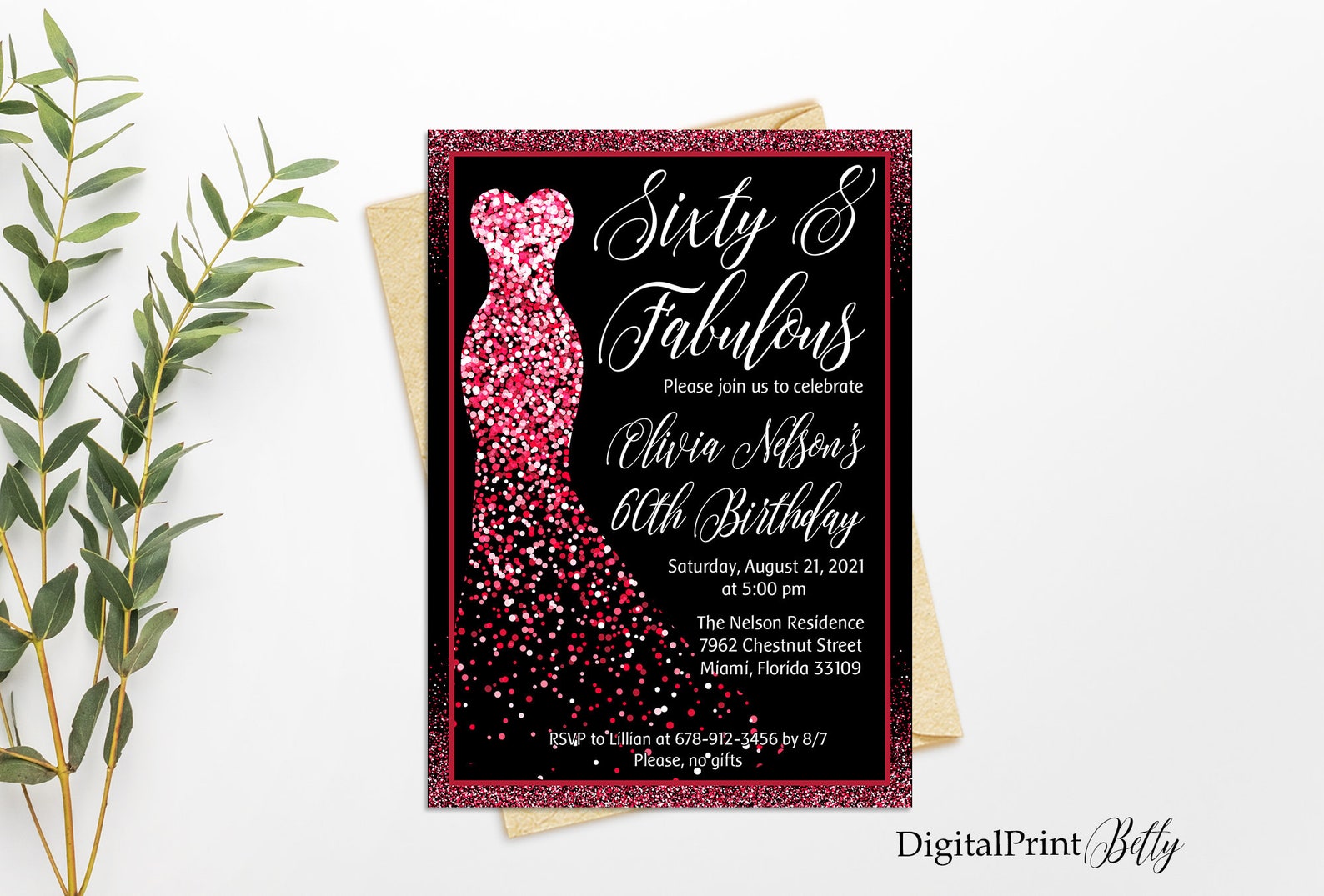 Sixty and Fabulous Invitation, Red Glitter 60th Woman Birthday ...