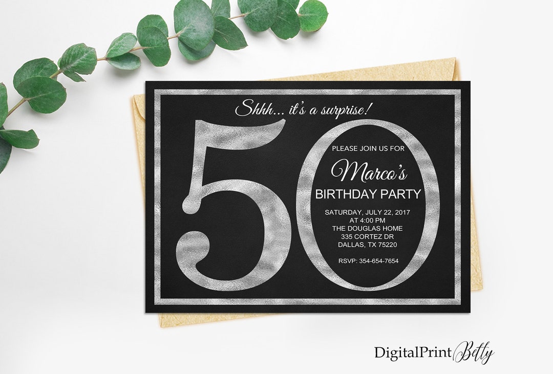 50th Birthday Invitation, Silver Invitation, Silver Glitter Birthday ...