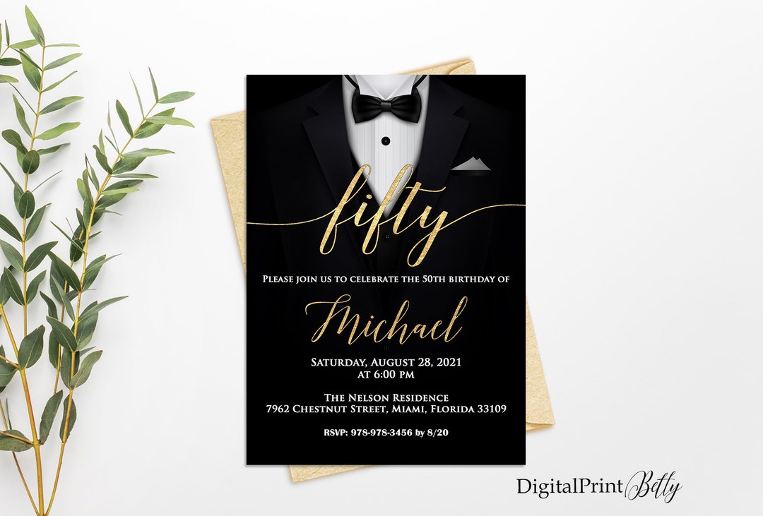 50th Birthday Invitations, Men Birthday Party, Tuxedo Invite, Cheers to ...