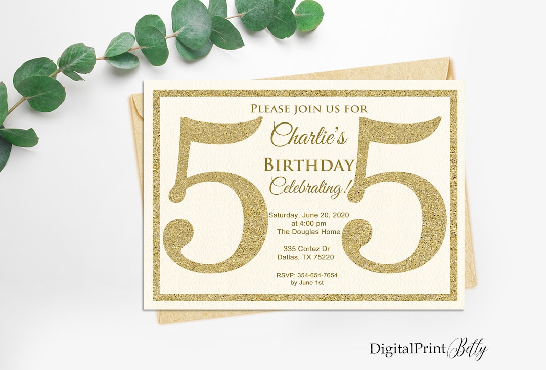 55th Birthday Invitation, Gold Invitation, Gold Glitter Birthday Invite ...