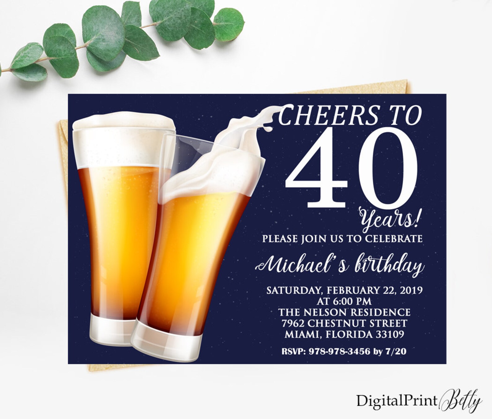 40th Birthday Beer Themed Invitations, Cheers to 40 Years, Men Birthday ...