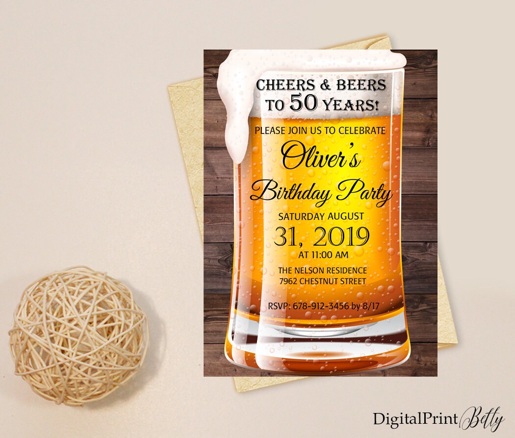 50th Birthday Beer Themed Invitations, Men Birthday Party, Beer Party ...