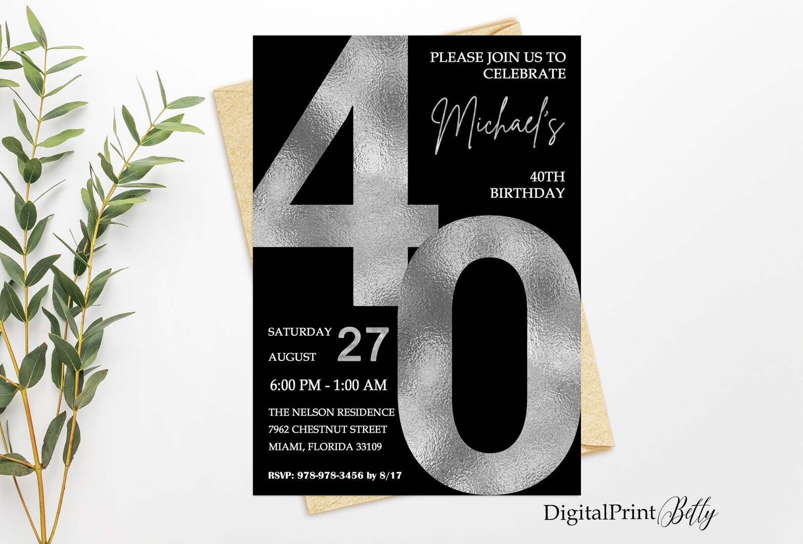 40th Birthday Invitations, Men Birthday Party, Black and Silver Glitter ...