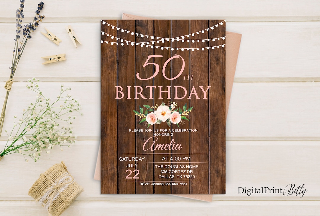 50th Birthday Invitation, Floral Birthday Invitation, Rustic Invitation ...