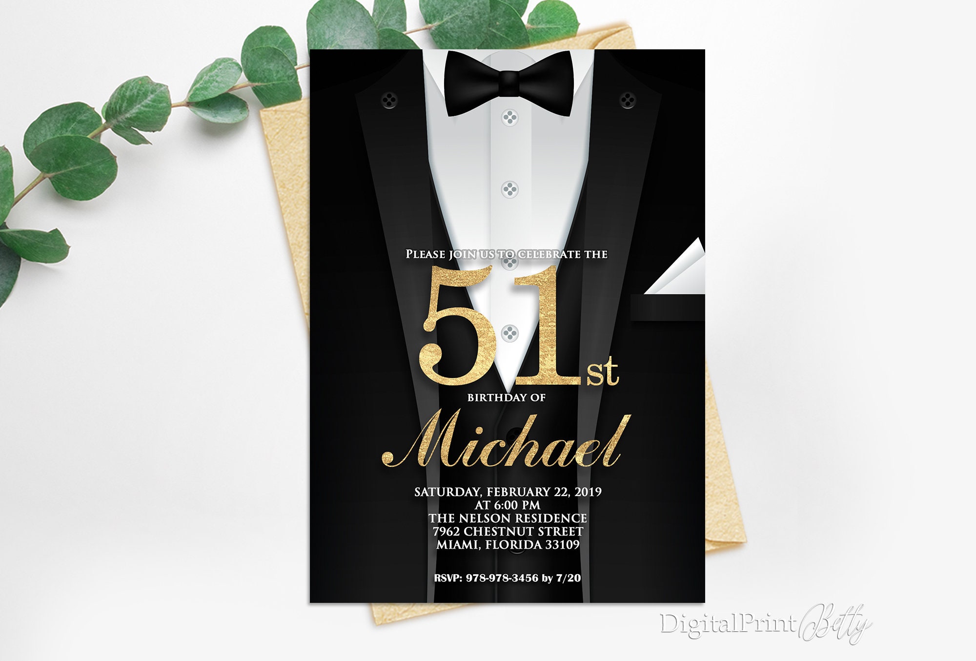 51st Birthday Invitations Men Birthday Party Gold and Black | Etsy