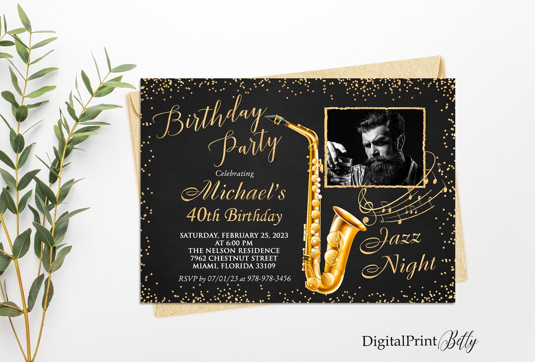 40th Birthday Invitations, Men Birthday Party, Jazz Night Invite ...