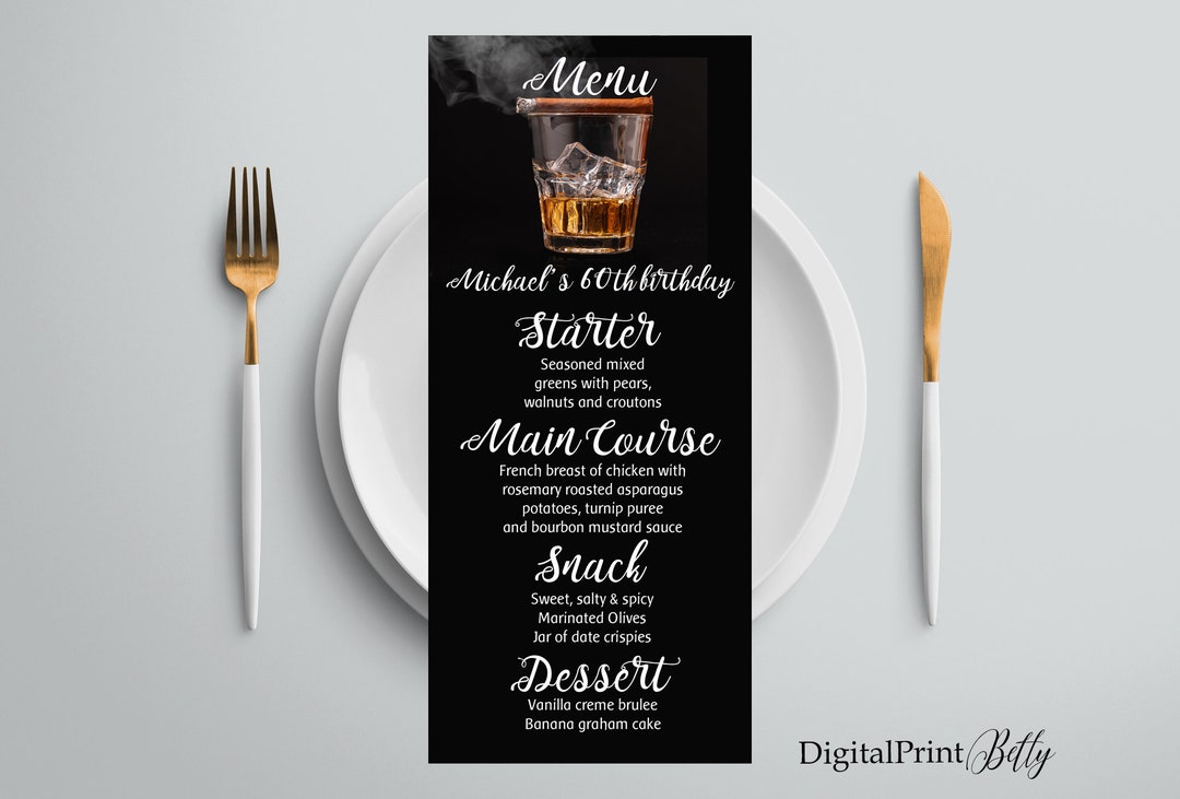 Men Birthday Menu, Whiskey and Cigar Menu, Whiskey and Cigar Birthday ...