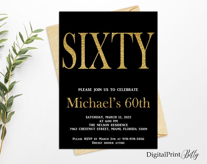Cheers to 60 Years Invitation, Black and Gold Invitation for Any Age ...
