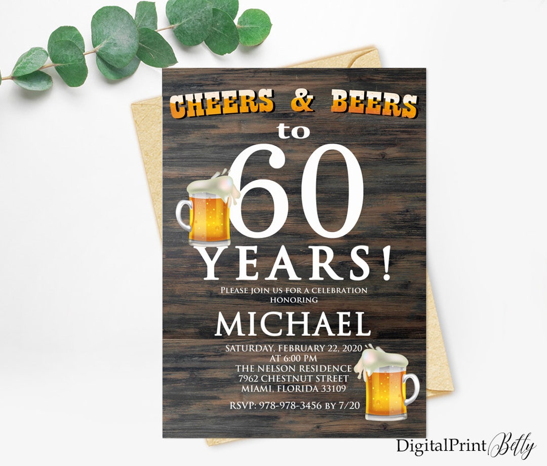 60th Birthday Beer Themed Invitations, Men Birthday Party, Beer Party ...