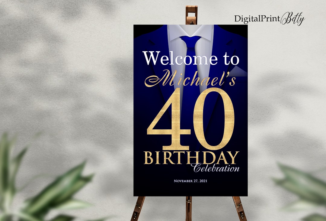 40th Birthday Welcome Sign, Welcome Sign, Birthday Sign, Gold and Navy ...