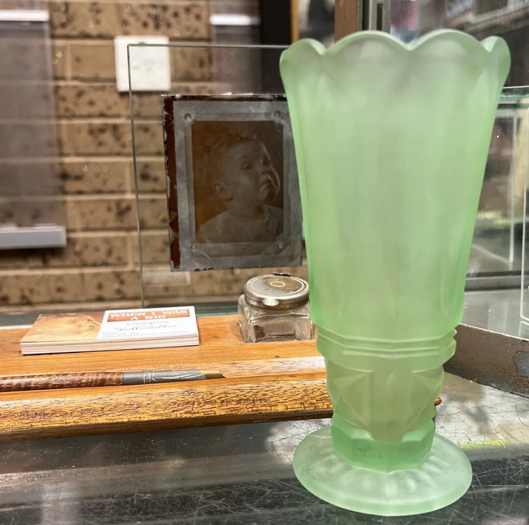Crown Crystal Glass Co Green Frosted Uranium Glass Vase - Etsy