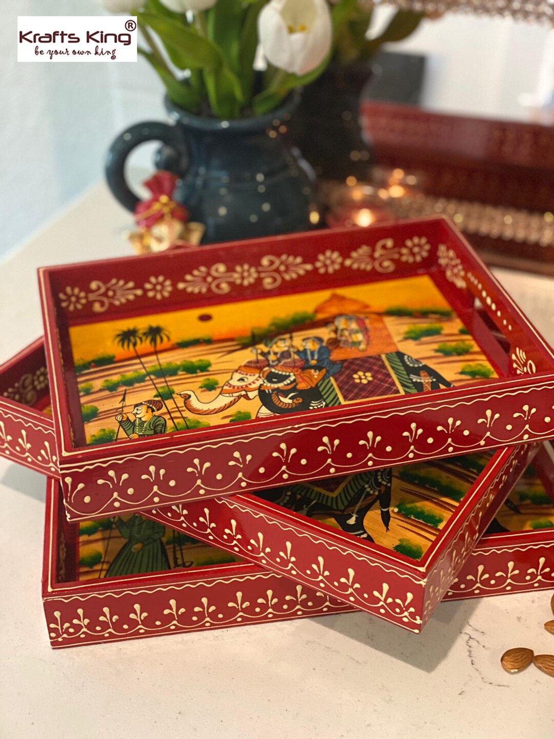 Indian Hand Painted Wooden Serving Tray Set of 3/antique Diwali ...