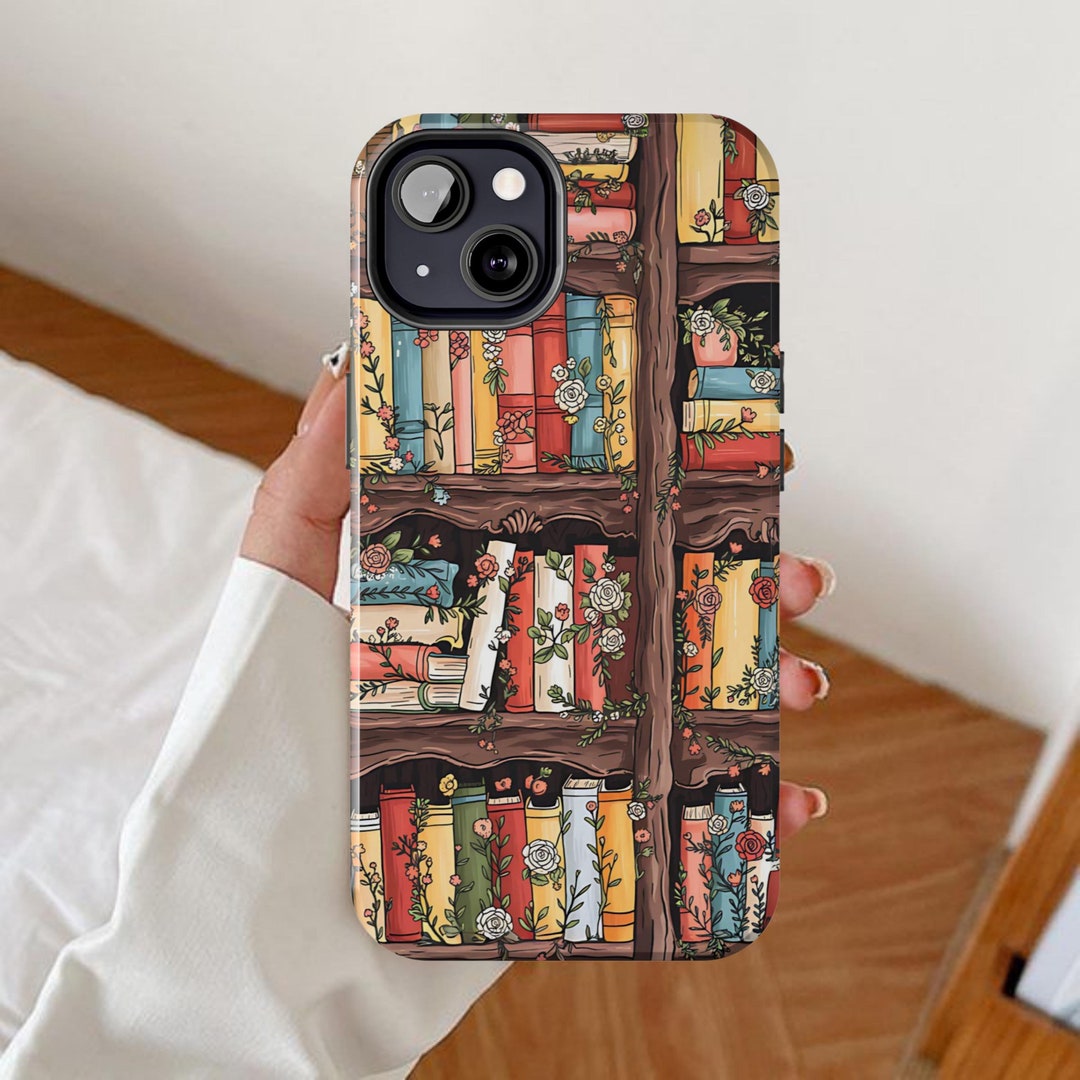 Bookcase Phone Case, Book Shelf Design iPhone Cover, Library Flower ...