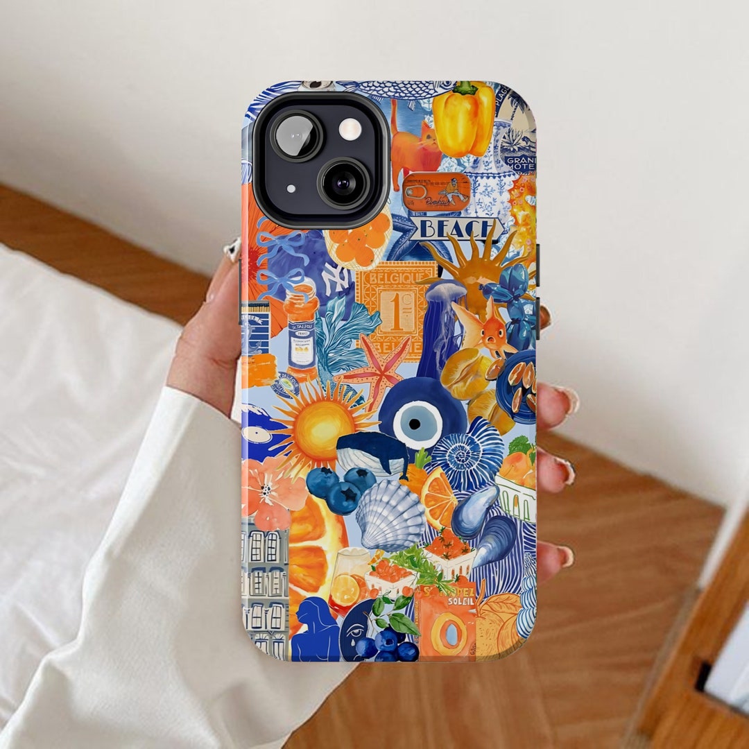 Coastal Summer Phone Case, Blue Coquette Collage iPhone Cases, Preppy ...